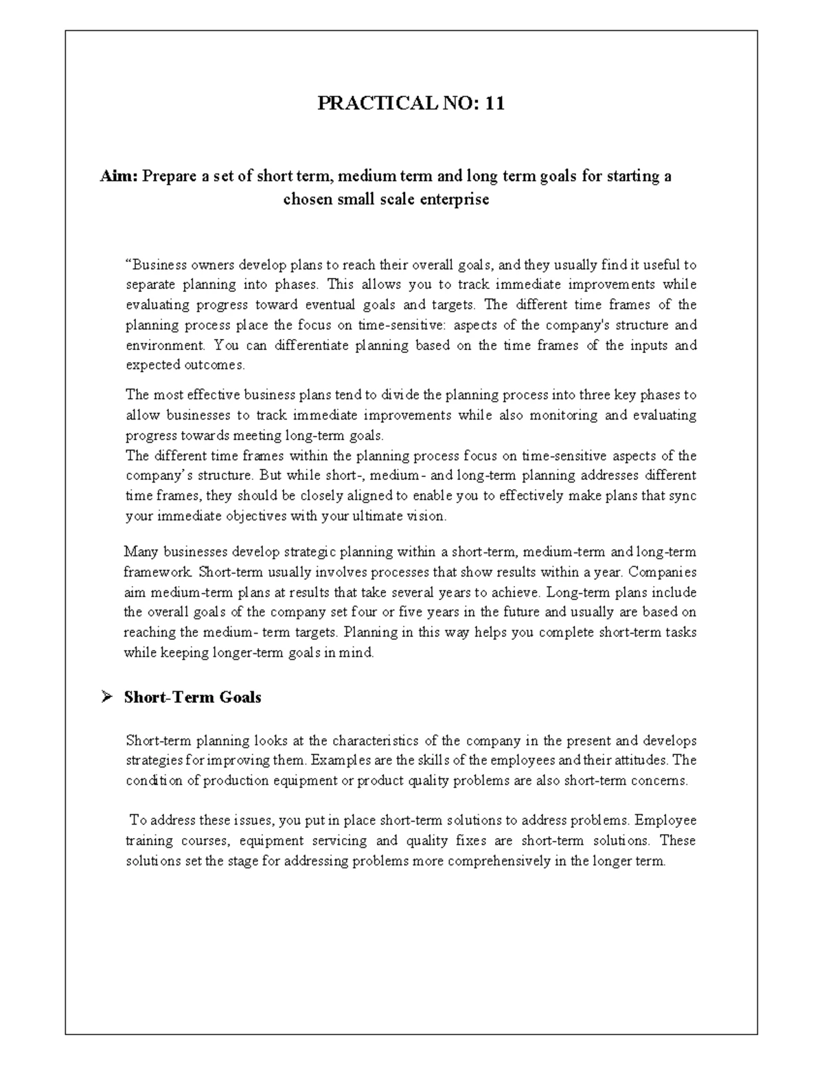 EDE Practical 11 ME6I - PRACTICAL NO: 11 Aim: Prepare a set of short term, medium term and long ...