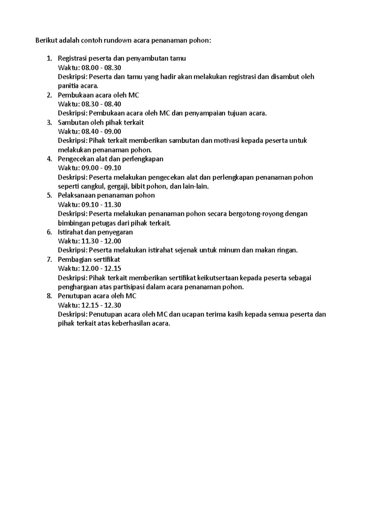 Rundown Acara Penanaman Pohon: Contoh Detail Langkah-Langkah - Studocu