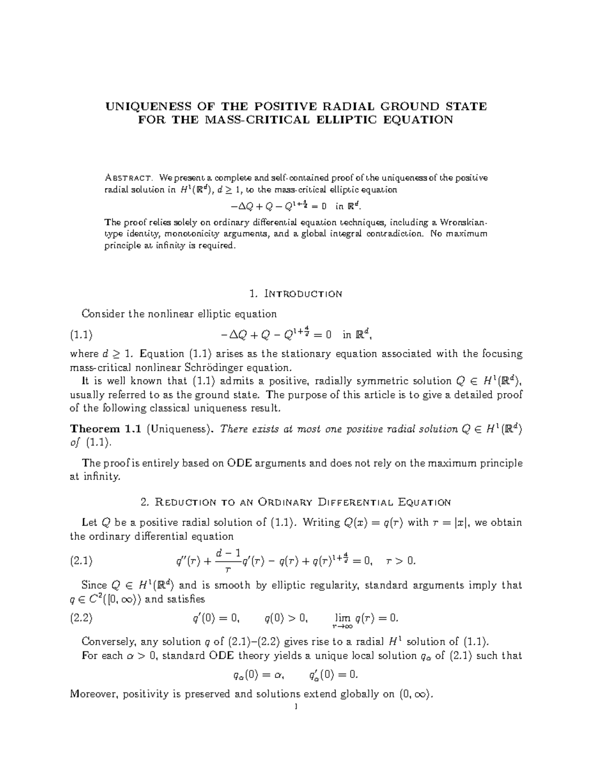 Uniqueness of Positive Radial Ground State for Elliptic Equation (MATH ...