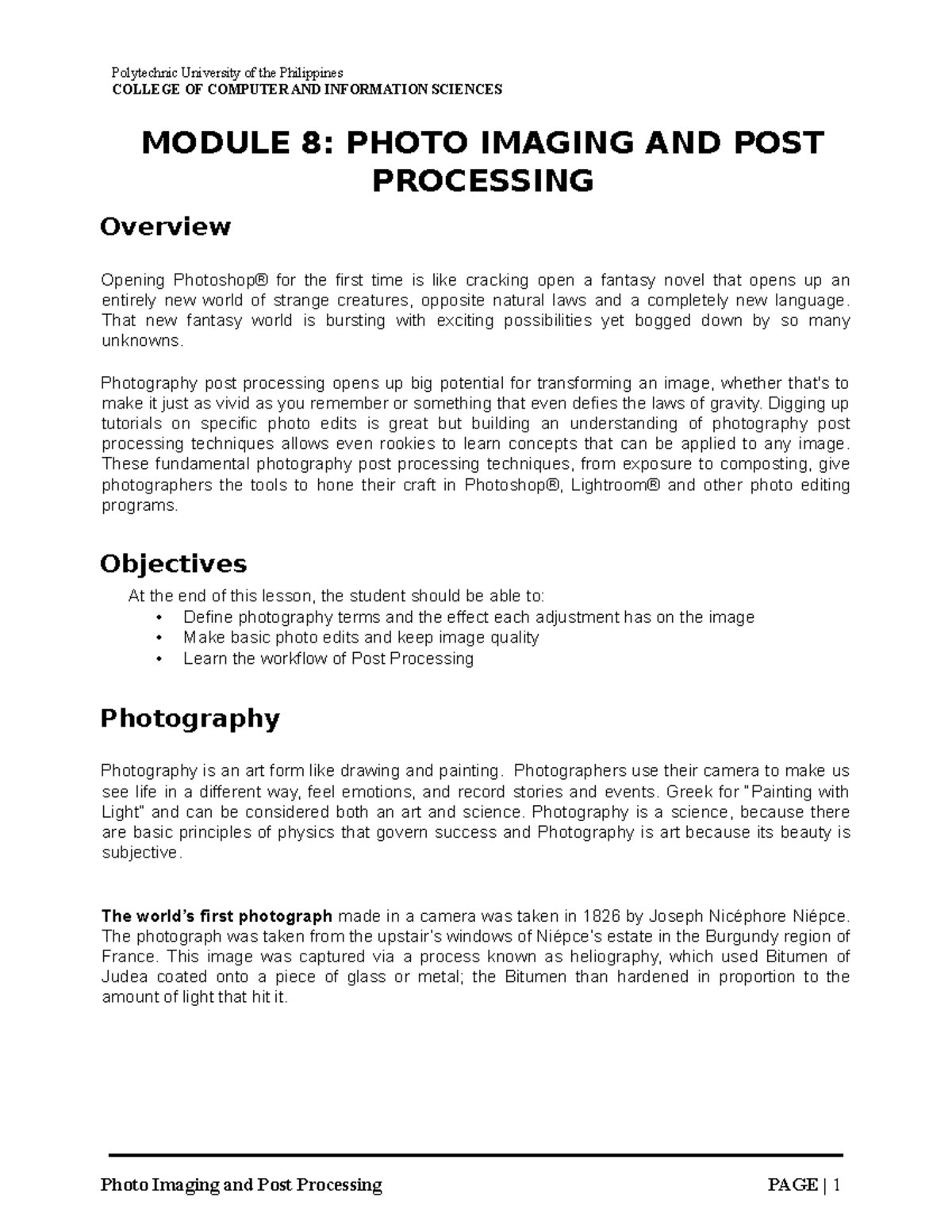 PUP CCIS Module 8: Photo Imaging & Post Processing Techniques - Studocu