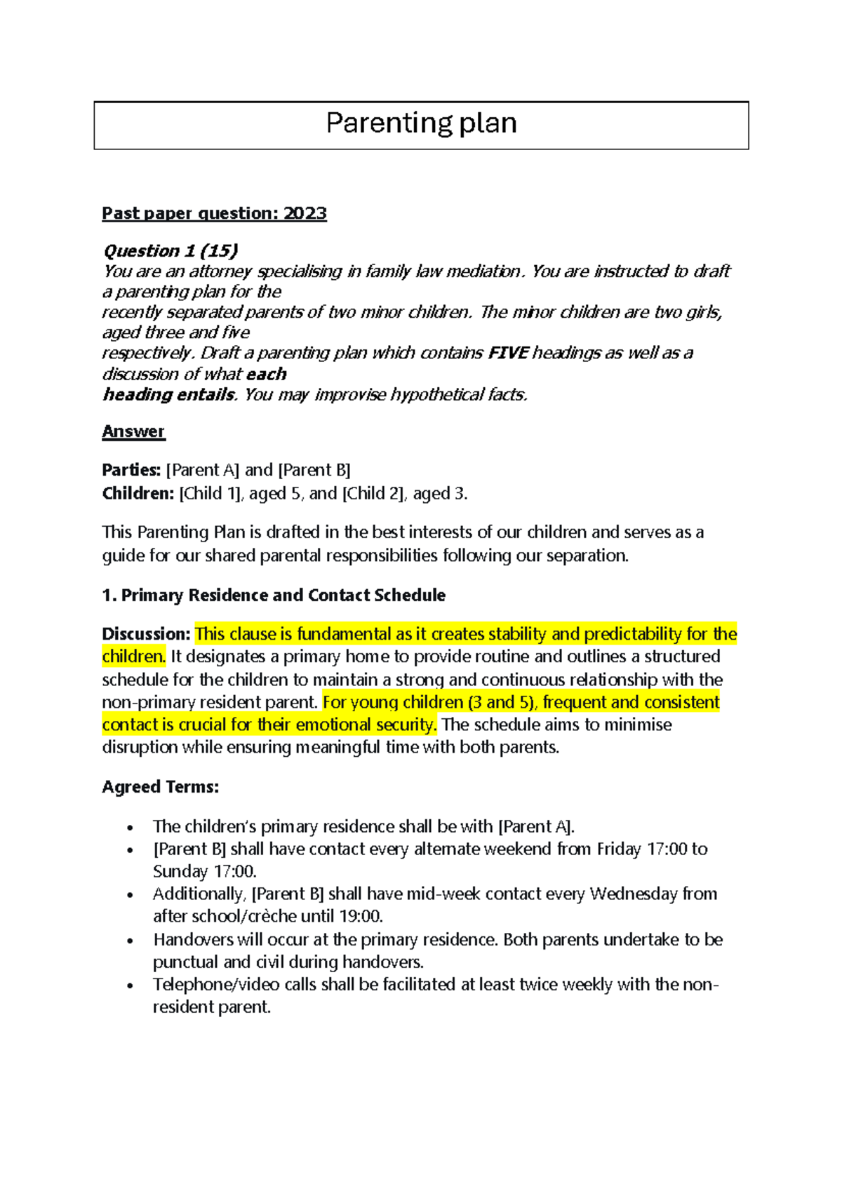 Parenting Plan Draft for Family Law Mediation (2023) - Studocu