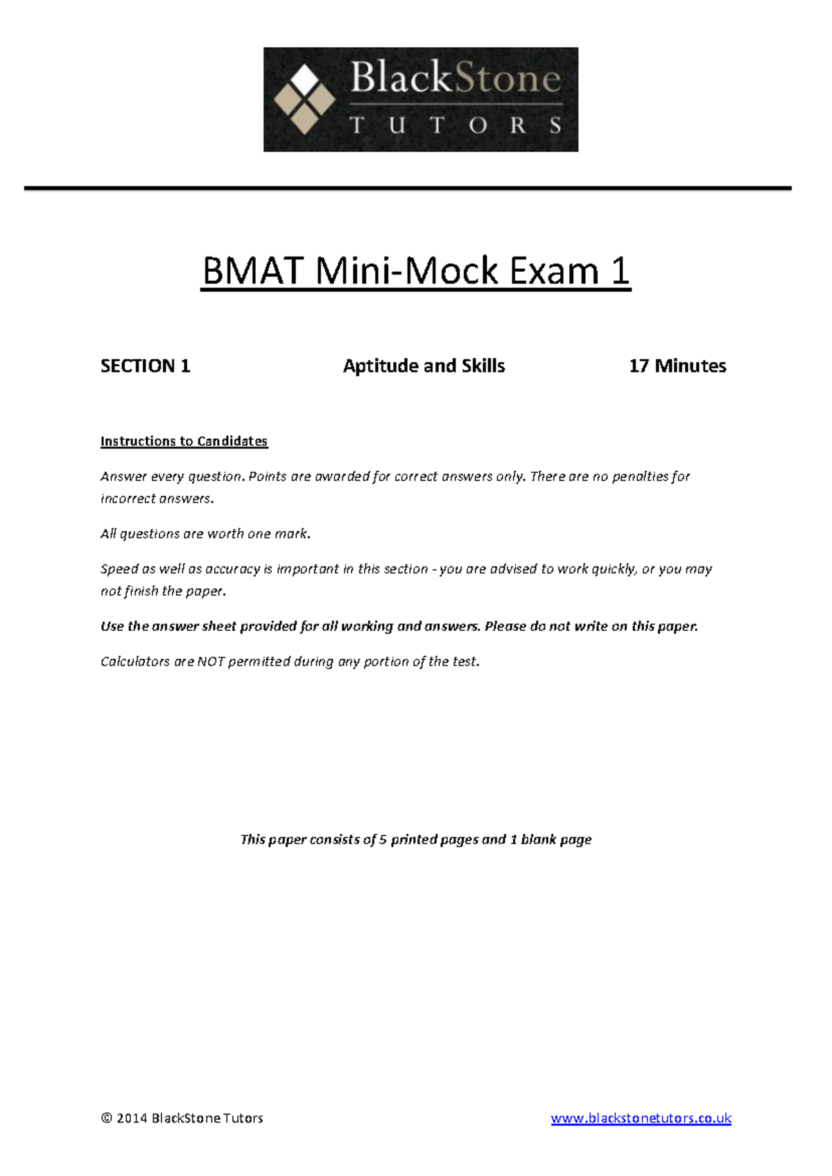 Blackstone tutors bmat mock - section 1 - mock 1 - BMAT Mini-Mock Exam 1 SECTION 1 Aptitude and ...