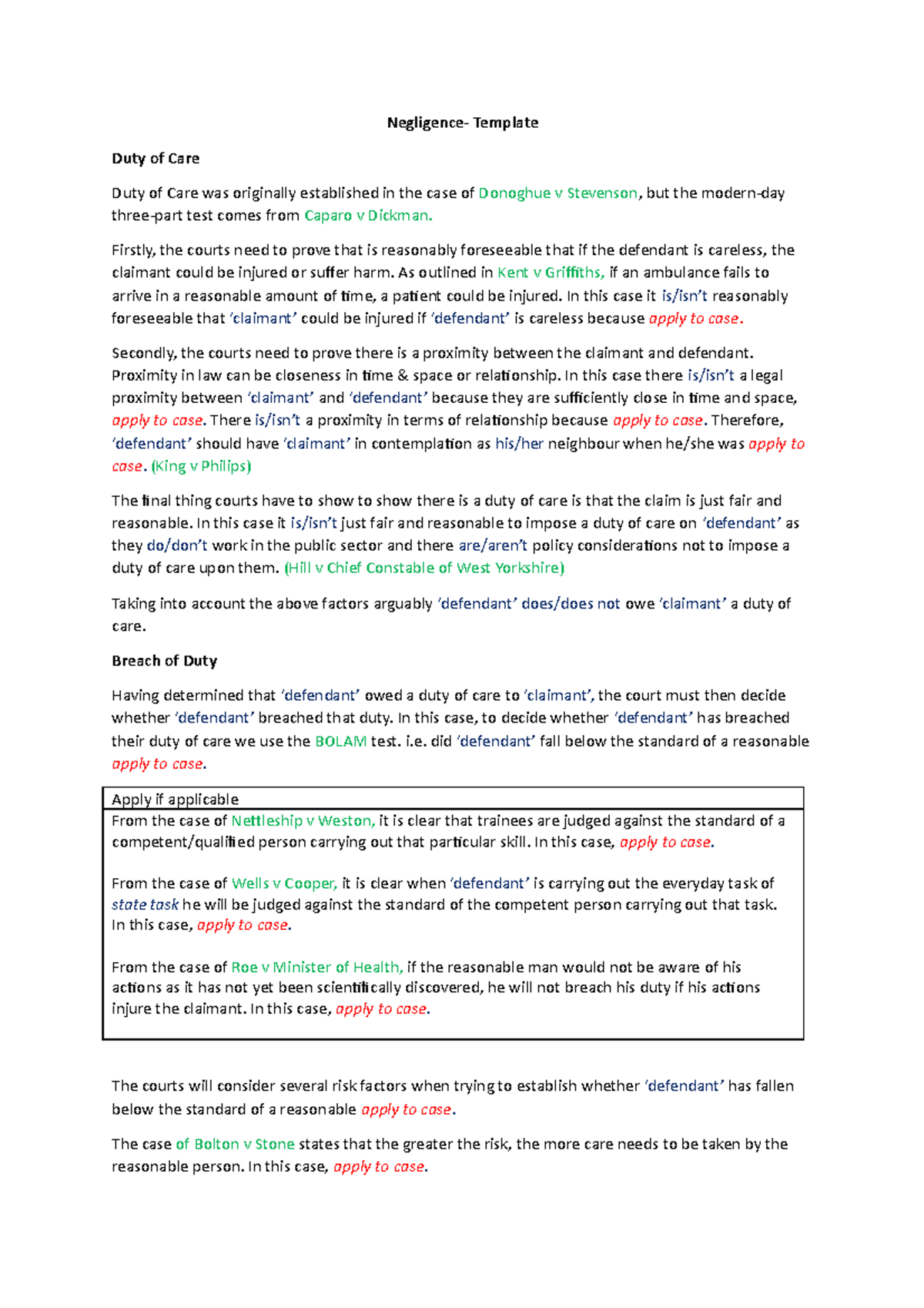 Negligence Analysis Template for Law Exam (Course Code: LAW101) - Studocu