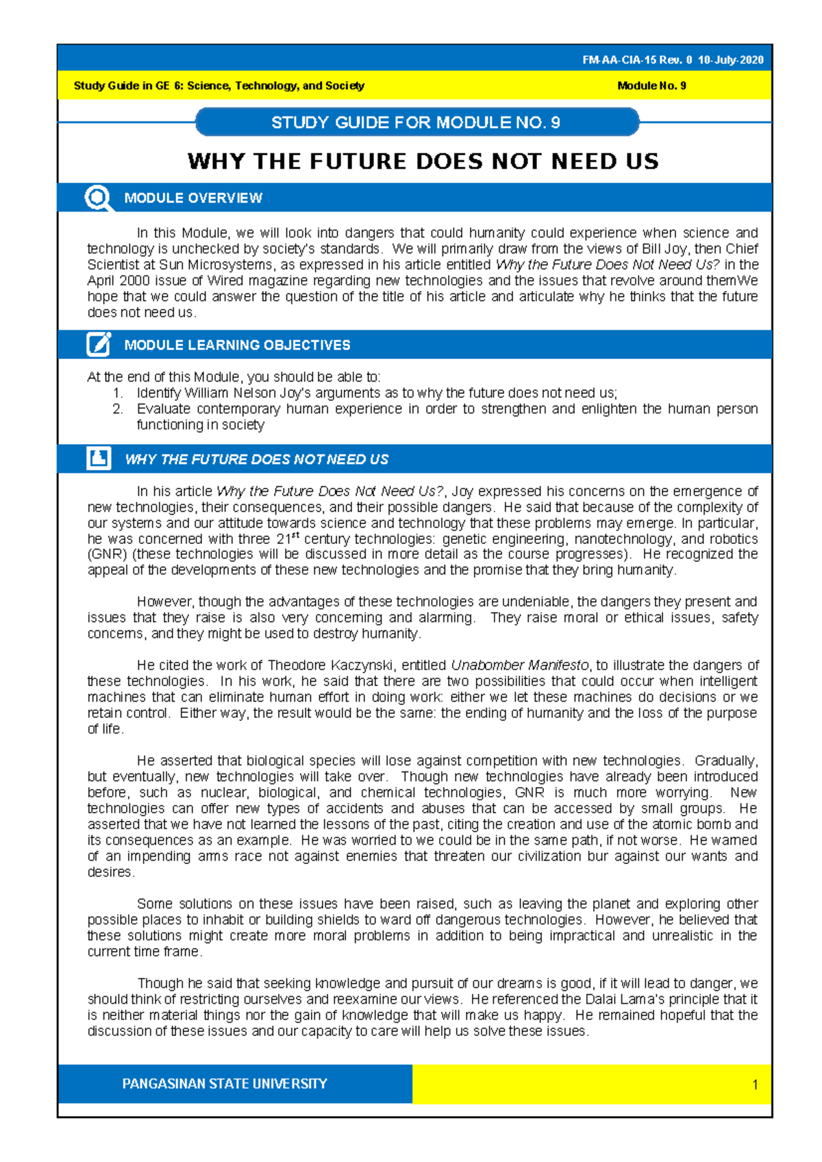 GE 6 Study Guide: Module 9 - Why the Future Does Not Need Us - Studocu