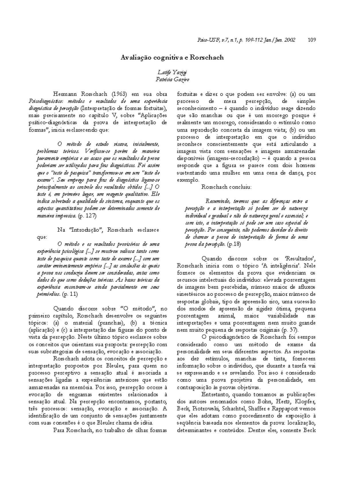 Avaliação Cognitiva e Rorschach: Uma Análise Crítica (v.7, n.1, p. 2002 ...