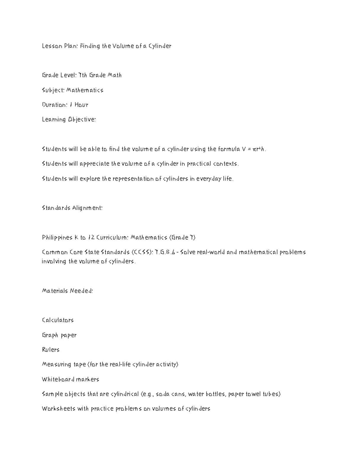 Lesson Plan Volume of a Cylinder - Lesson Plan: Finding the Volume of a ...