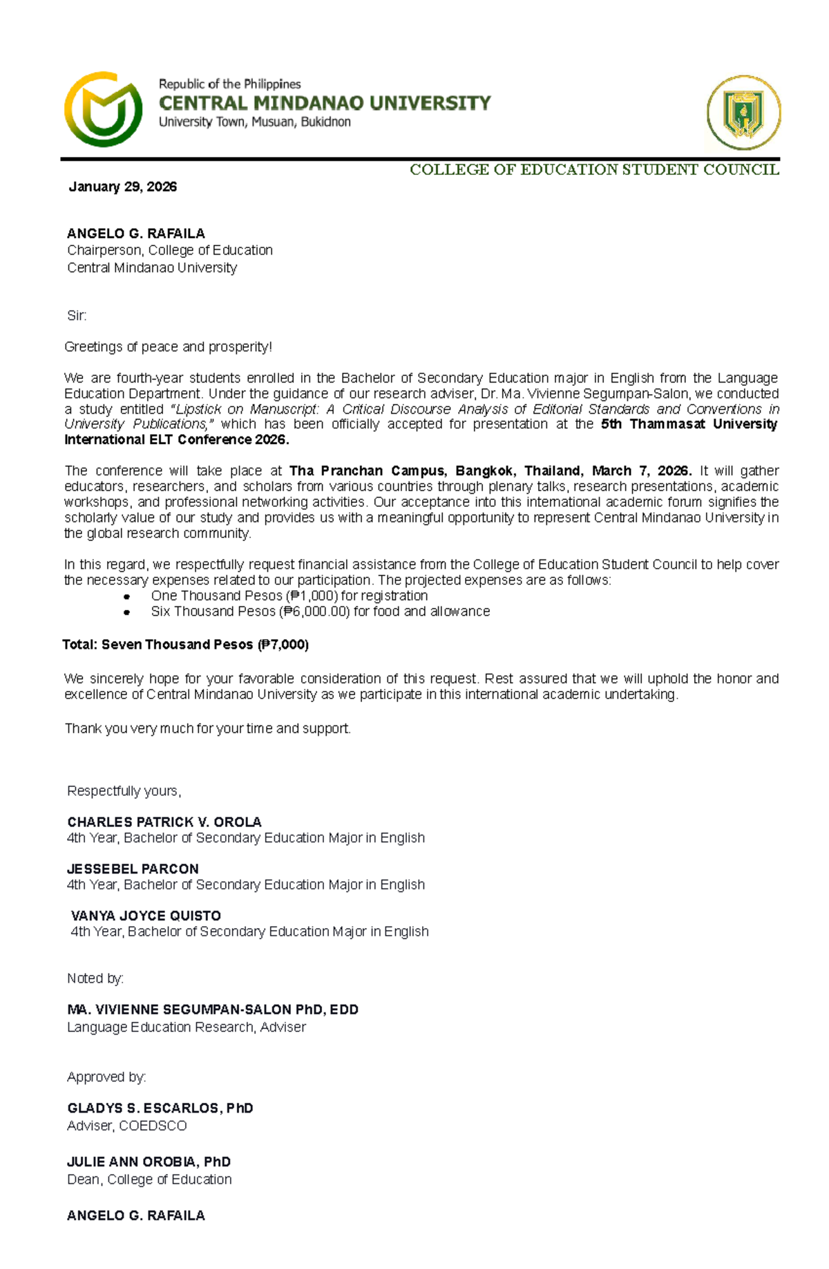Request for Financial Assistance for ELT Conference Participation ...