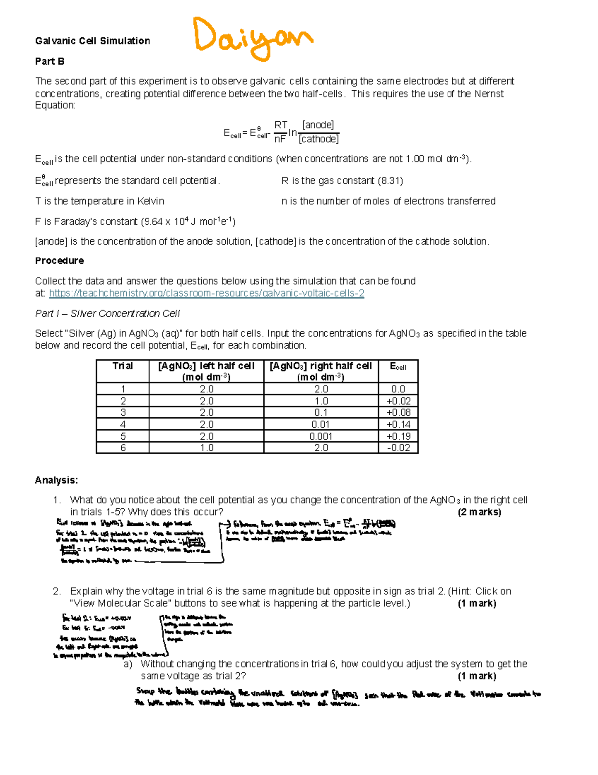 Galvanic Cell Simulation Part B: Analyzing Concentration Effects - Studocu