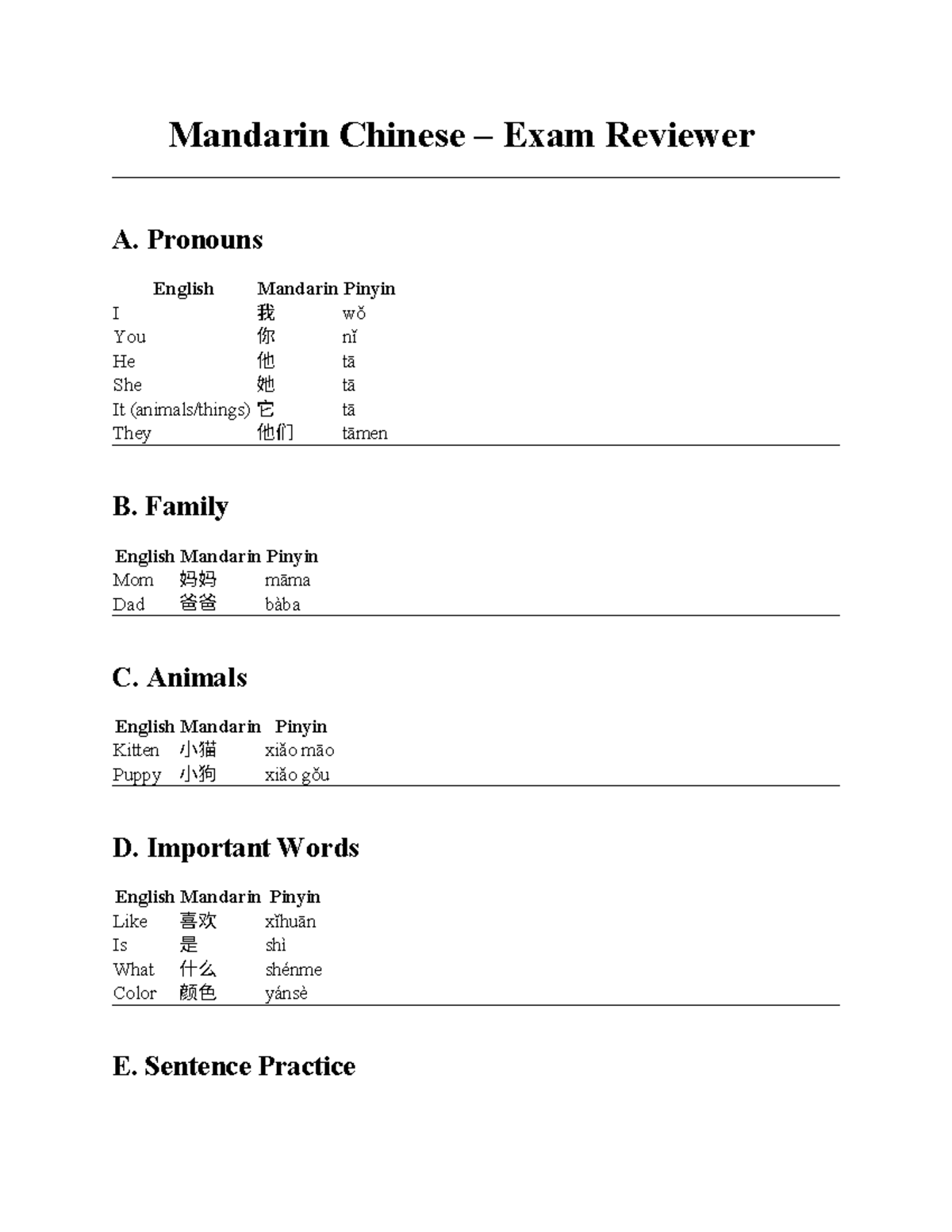 Mandarin Chinese Exam Reviewer: Pronouns, Family, Animals, & More - Studocu