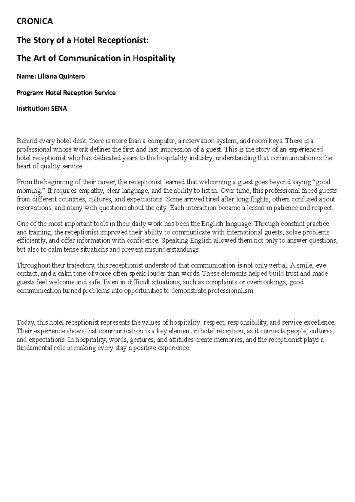 CRONICA: The Art of Communication in Hotel Reception Service - Studocu