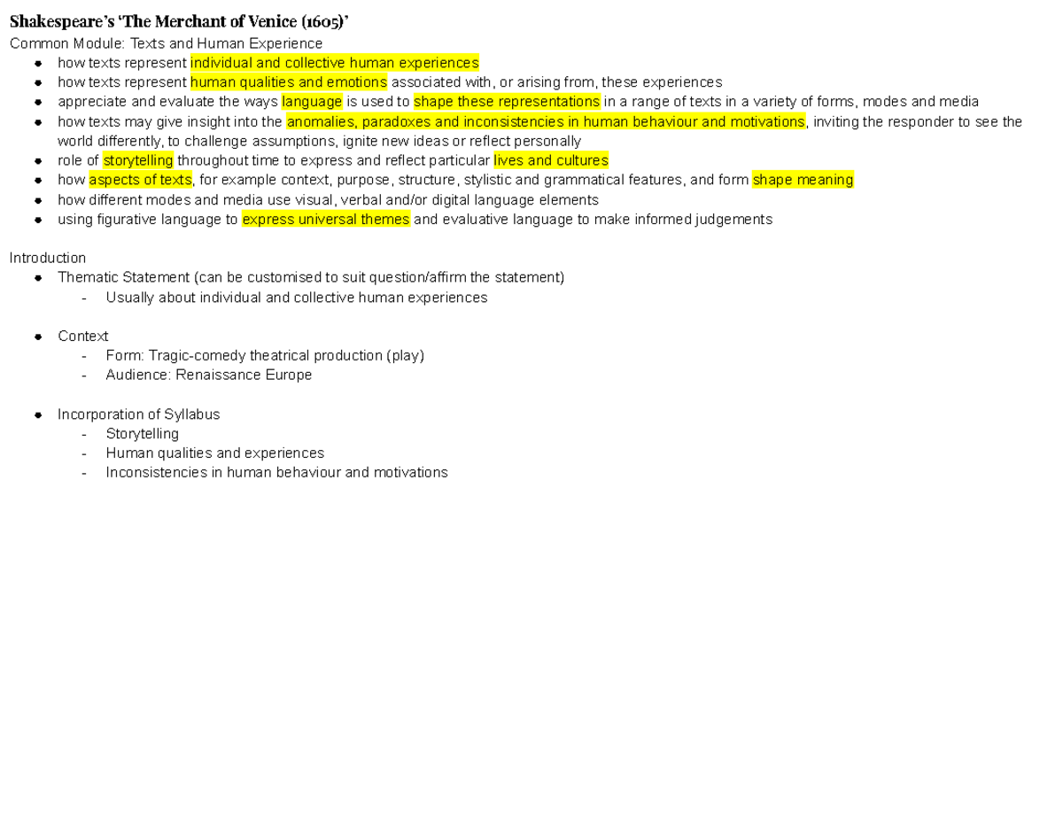 HSC Adv English Notes - Shakespeare’s ‘The Merchant of Venice (1605 ...