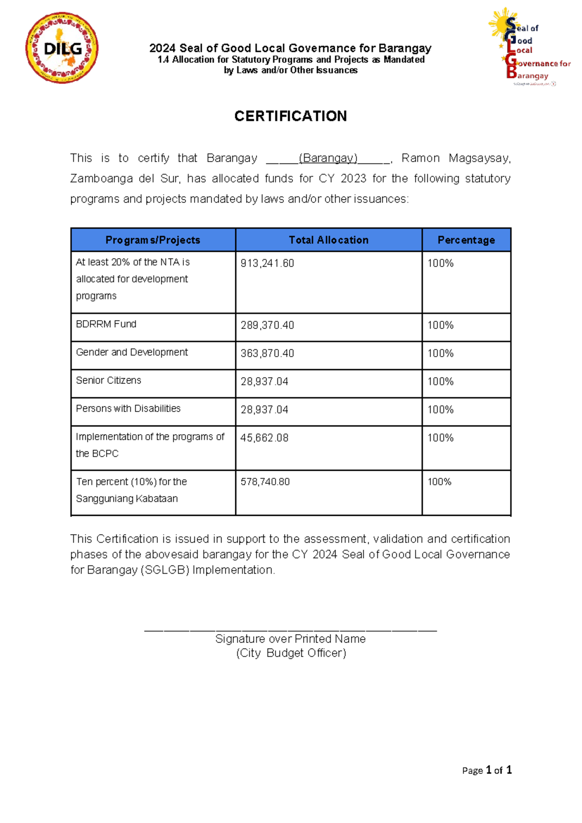 1.4. Certification for MBO-Statutory Programs - SGLGB 2024 Allocation - Studocu