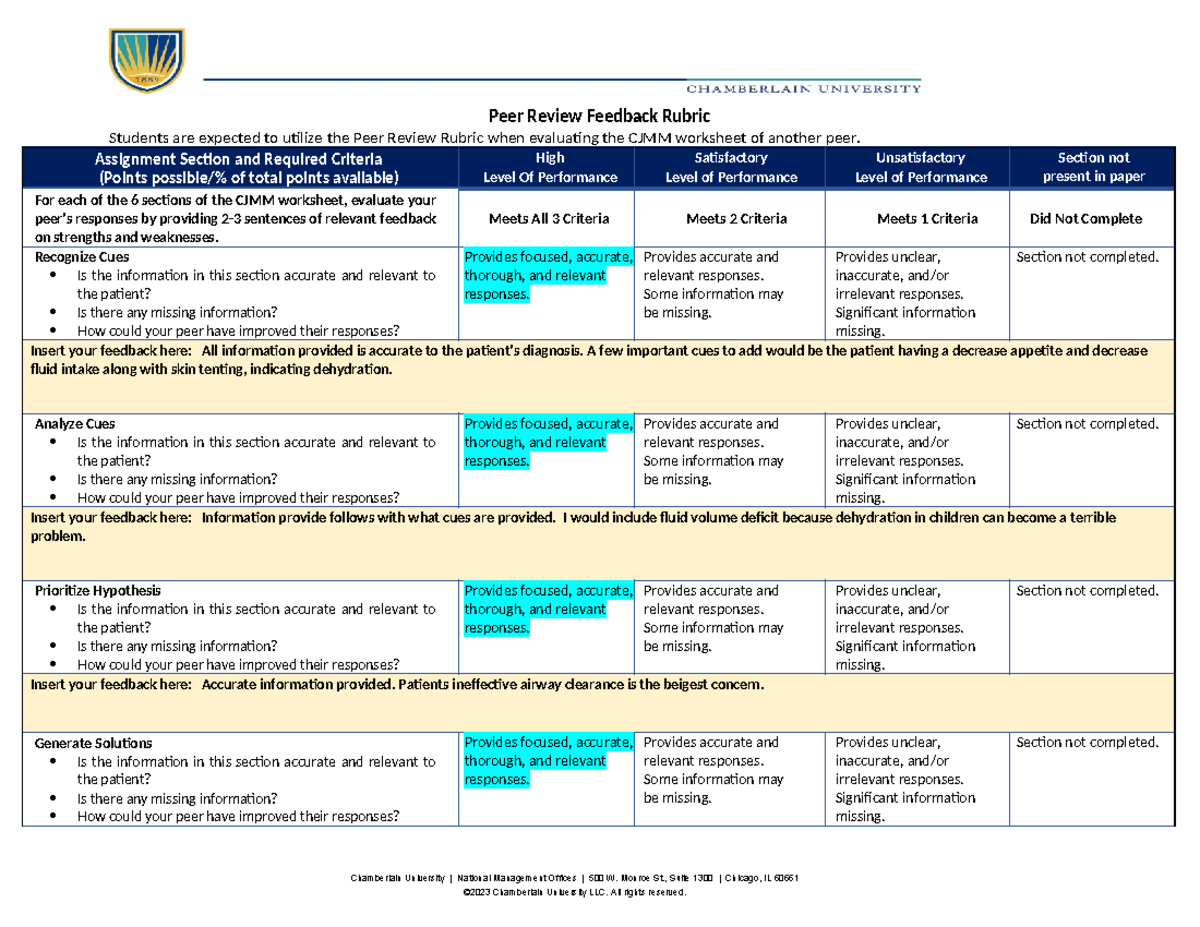 CJMM Peer Review Feedback Worksheet - Chamberlain University - Studocu