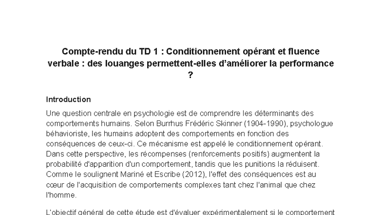 TD 1 : Conditionnement Opérant et Performance Verbale en Psychologie ...