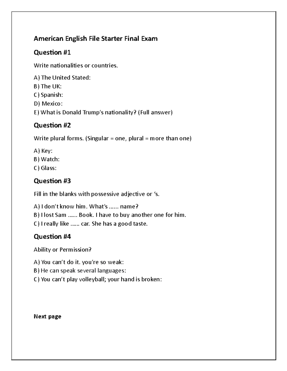 American English File Starter Final Exam Study Guide - Studocu