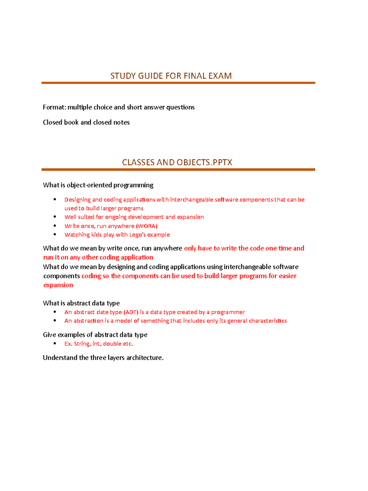 Final Exam Study Guide for CS101: Object-Oriented Programming Concepts ...