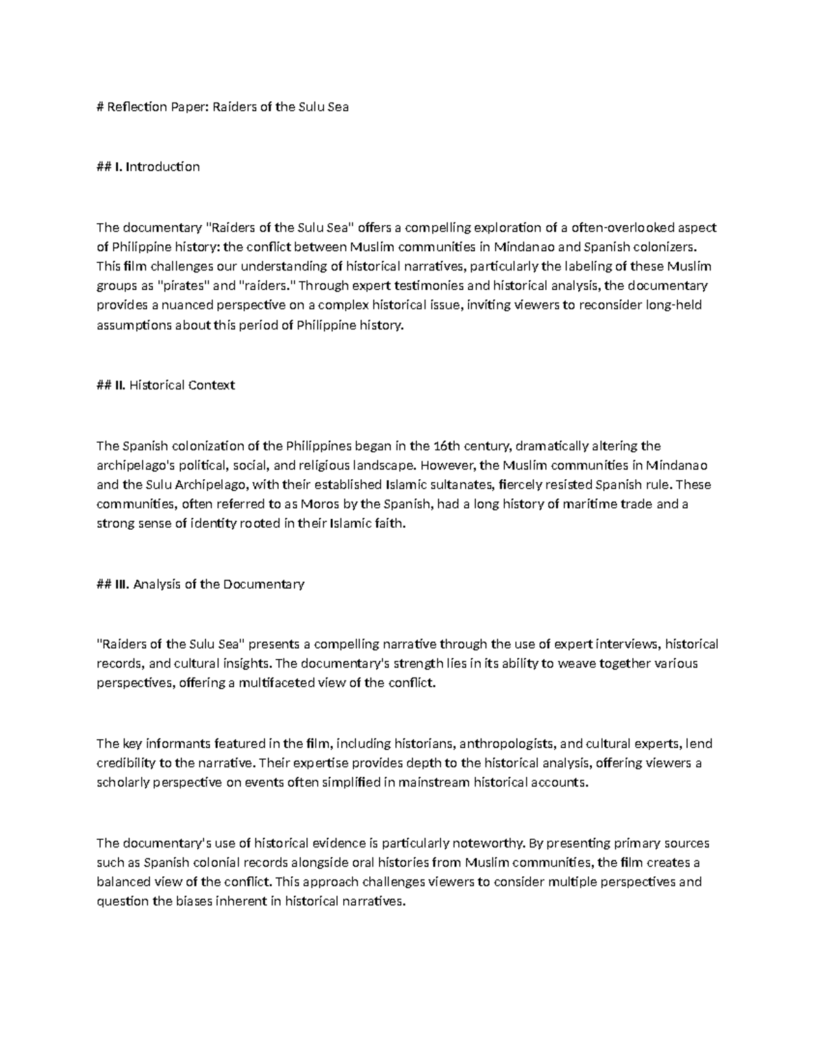 Reflection Paper on "Raiders of the Sulu Sea" - RPH - Studocu