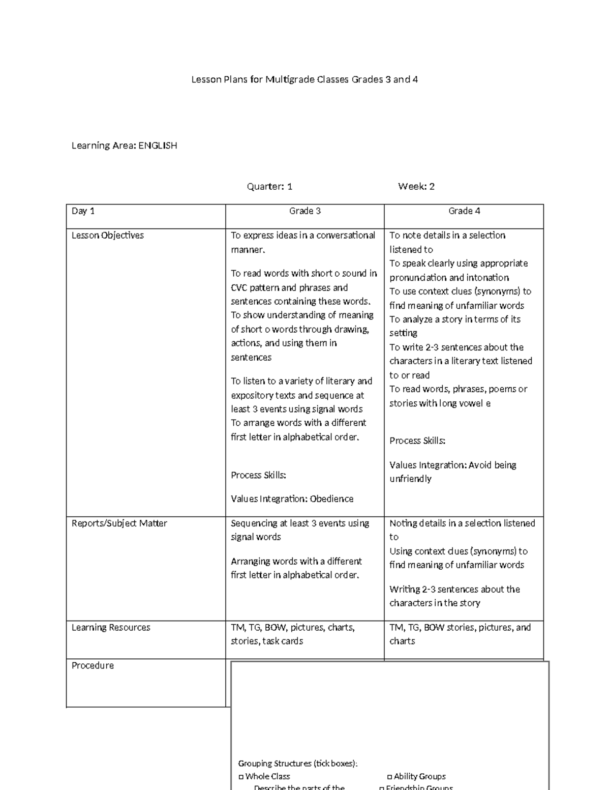 Multigrade Lesson Plans for Grades 3-4: English Quarter 1 Week 2 - Studocu