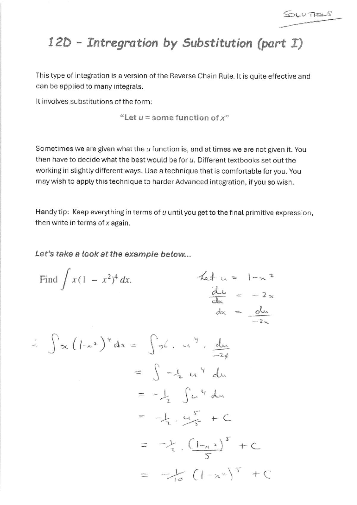12D - Solutions to Reverse Chain Rule Integration Techniques - Studocu