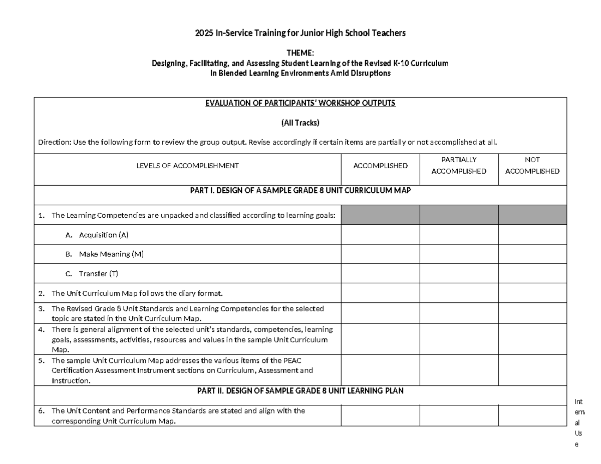 2025 JHS Inset Evaluation Tool: Assessing Curriculum Design & Learning ...