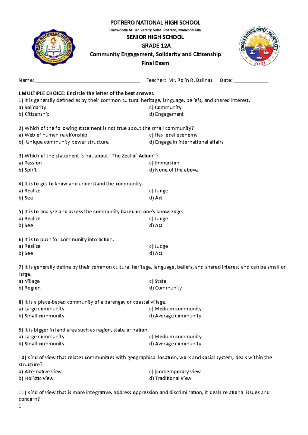 CESC G12A Community Engagement Final Exam - Questions & Answers - Studocu