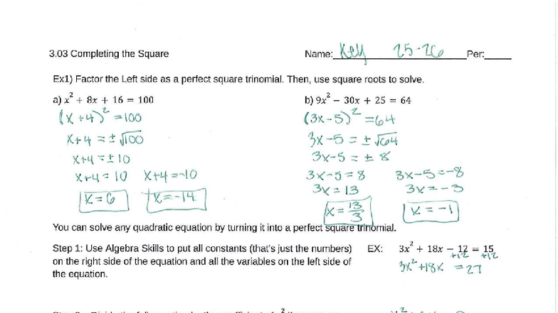 3.03 Completing the Square: Key Concepts and Solutions - Studocu