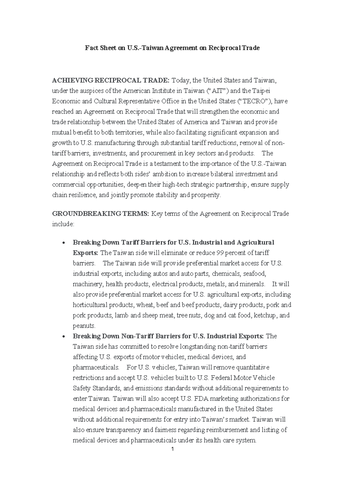 Fact Sheet on U.S.-Taiwan Reciprocal Trade Agreement - Studocu