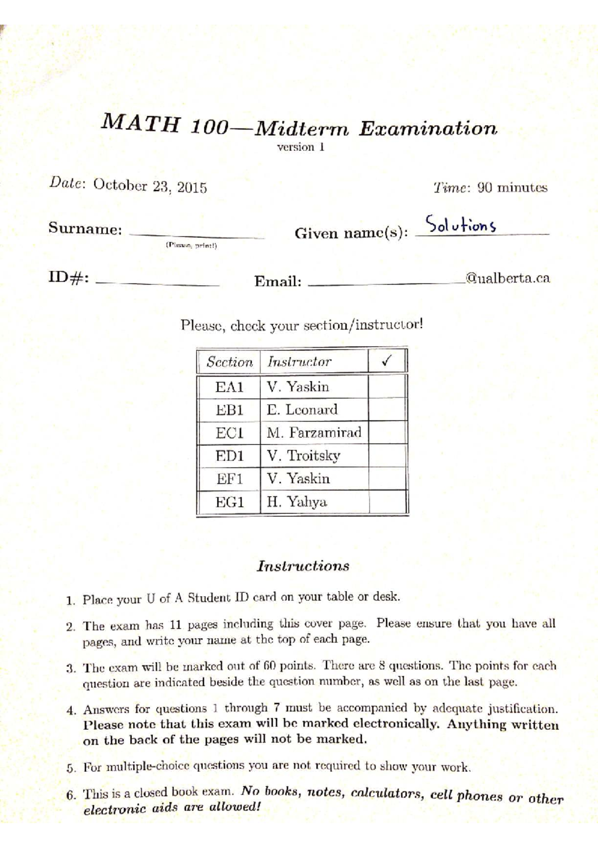 MATH 100 Fall 2015 Midterm Exam Solutions - Studocu