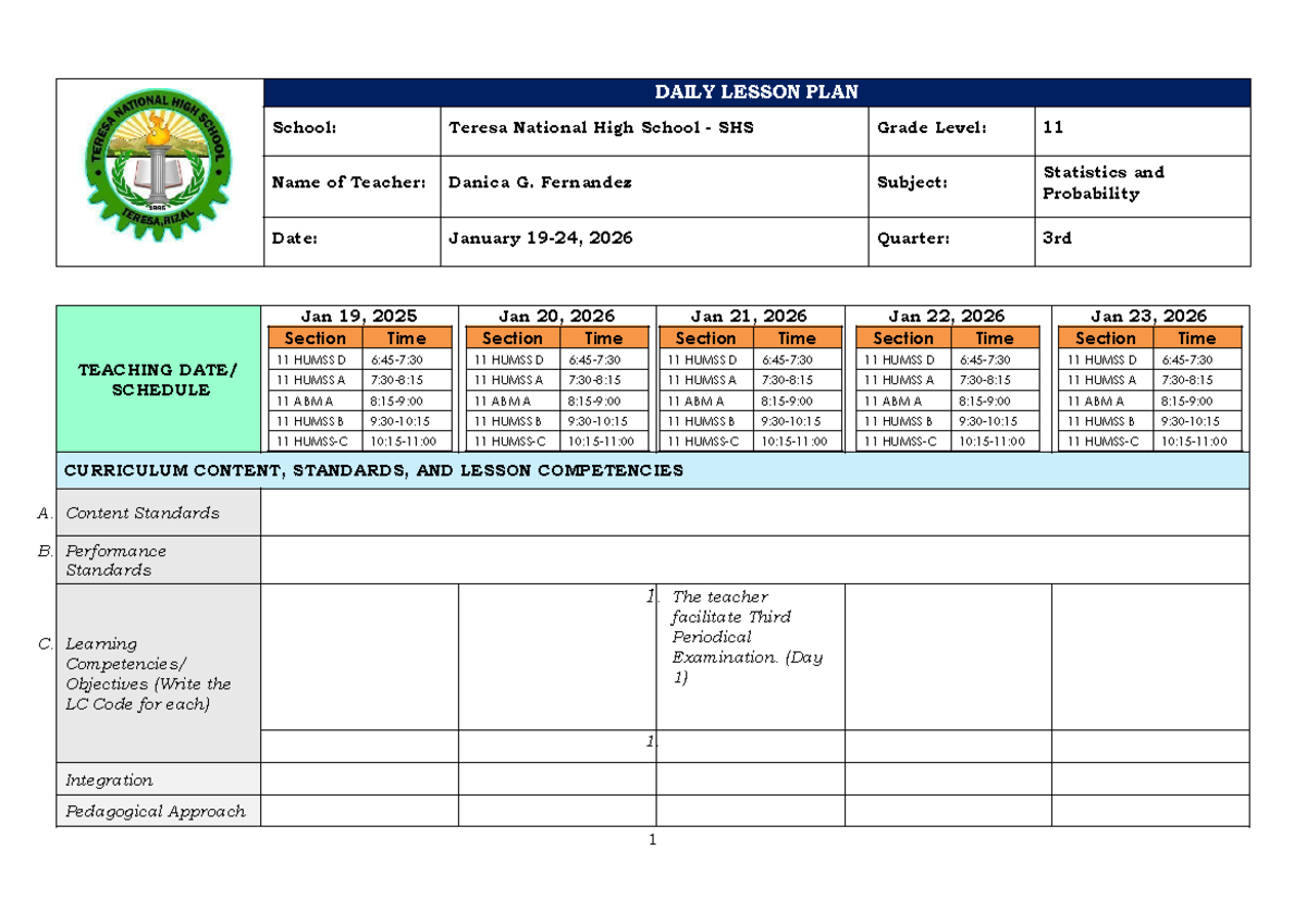 Statistics and Probability Daily Lesson Plan (SHS 11) - Jan 2026 - Studocu
