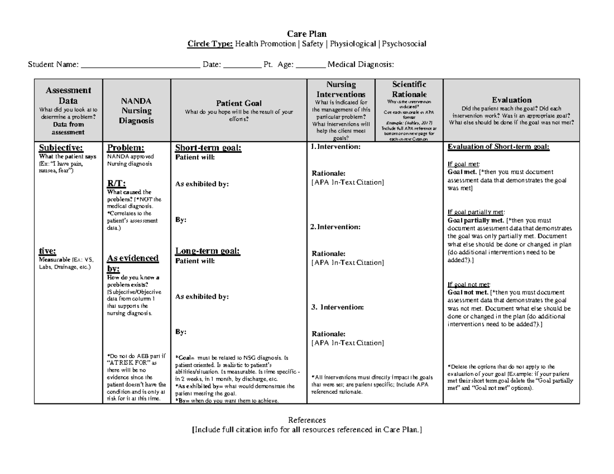 Care Plan Template: Health Promotion & Nursing Interventions - Studocu