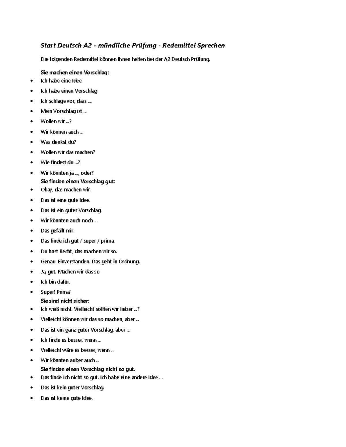 Redemittel A2 - Mündliche Prüfung Themen: Vorschläge & Hobbys - Studocu