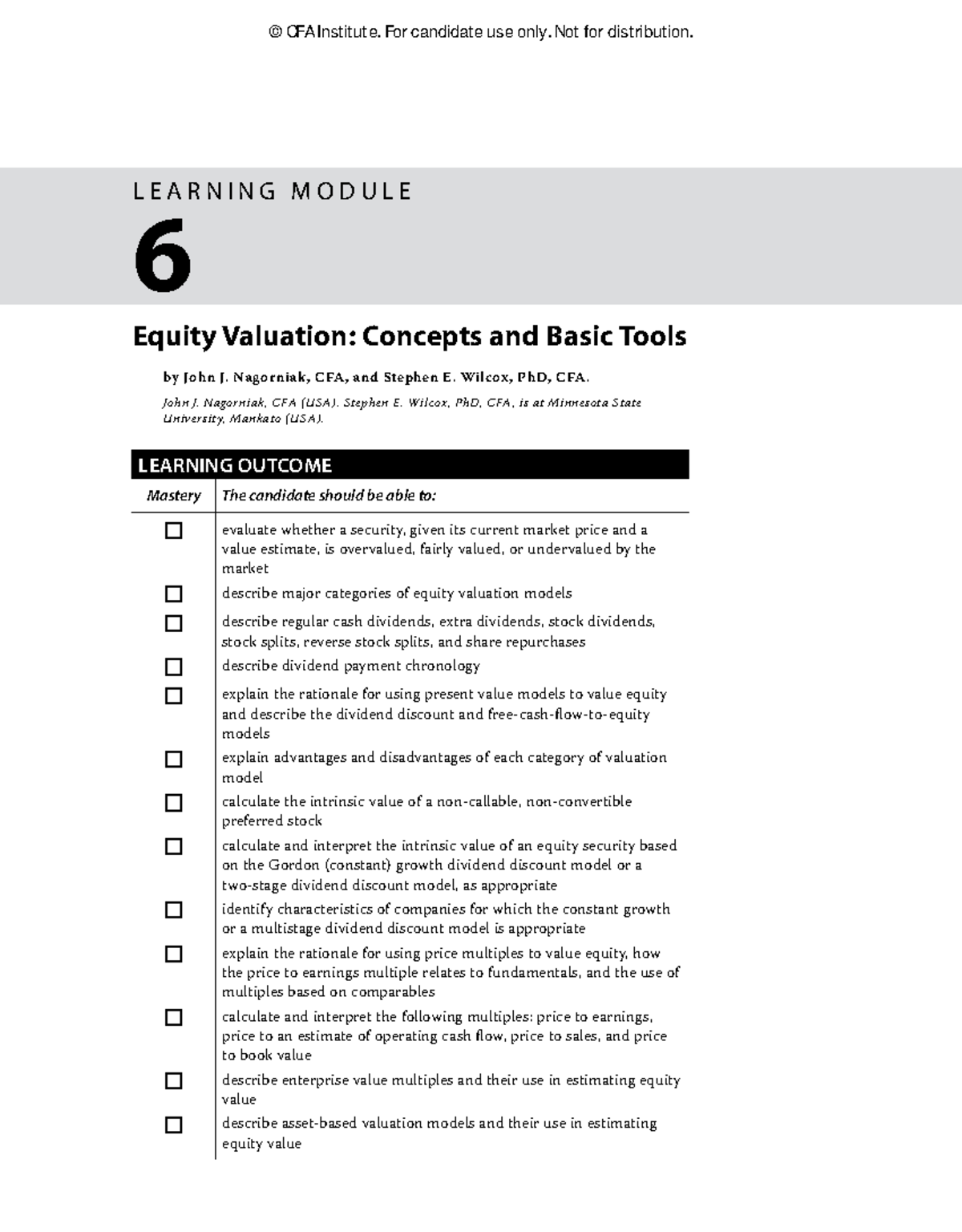 CFA 2023 Learning Module 6: Equity Valuation Concepts & Tools - Studocu