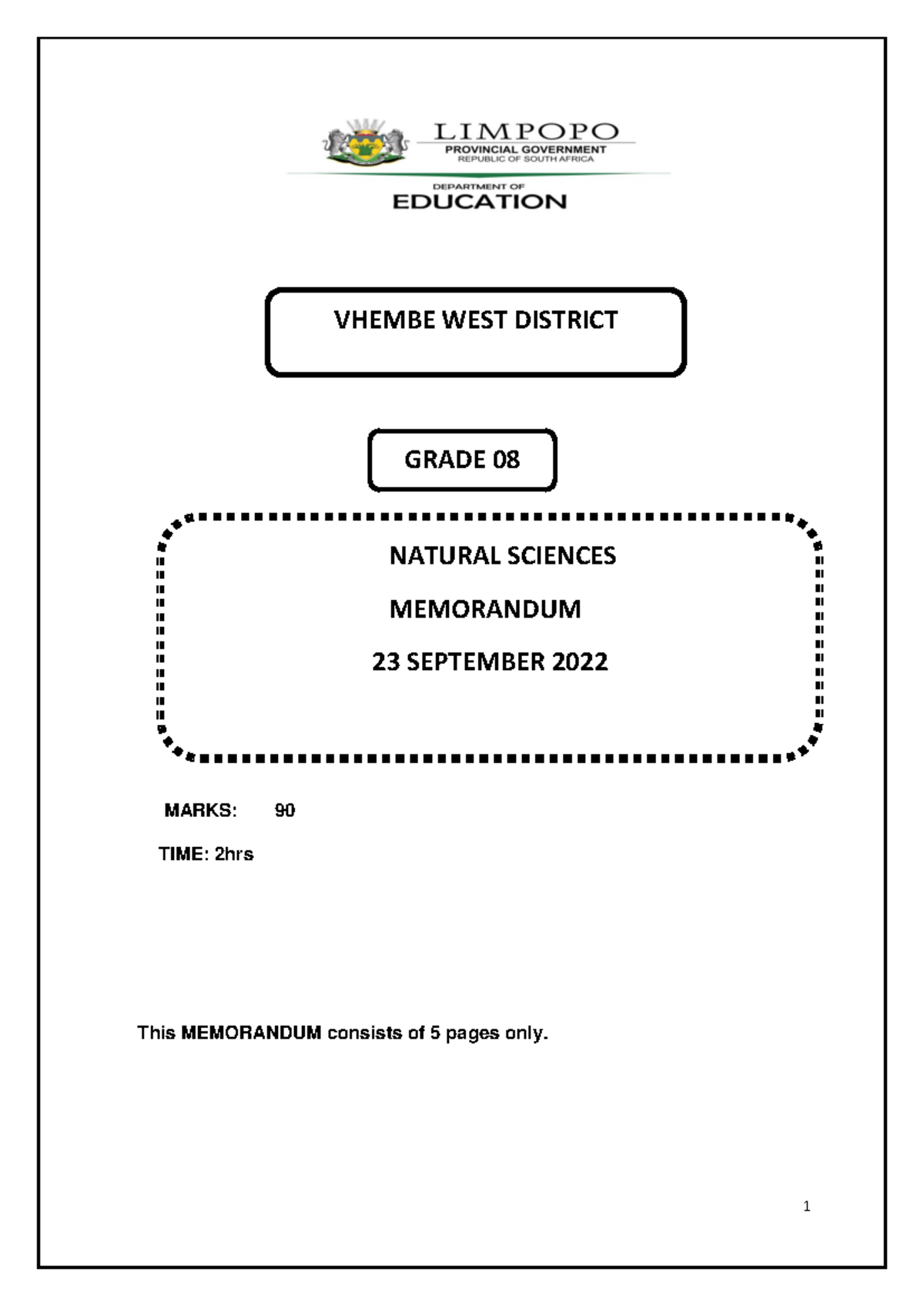 Grade 8 Natural Sciences September 2022 Memo (Max Marks: 90) - Studocu