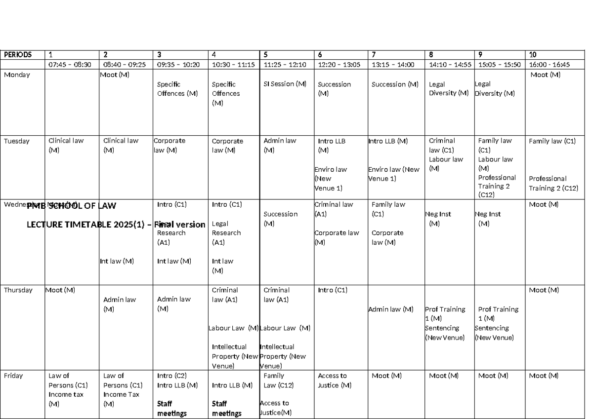 PMB SCHOOL OF LAW 2025 Lecture Timetable - Final Version - Studocu