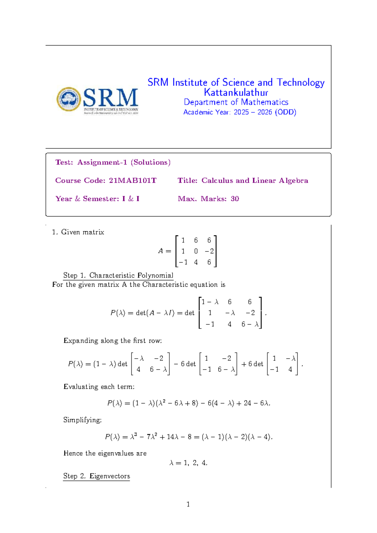 Calculus and Linear Algebra Solutions - 21MAB101T Assignment 1 - Studocu