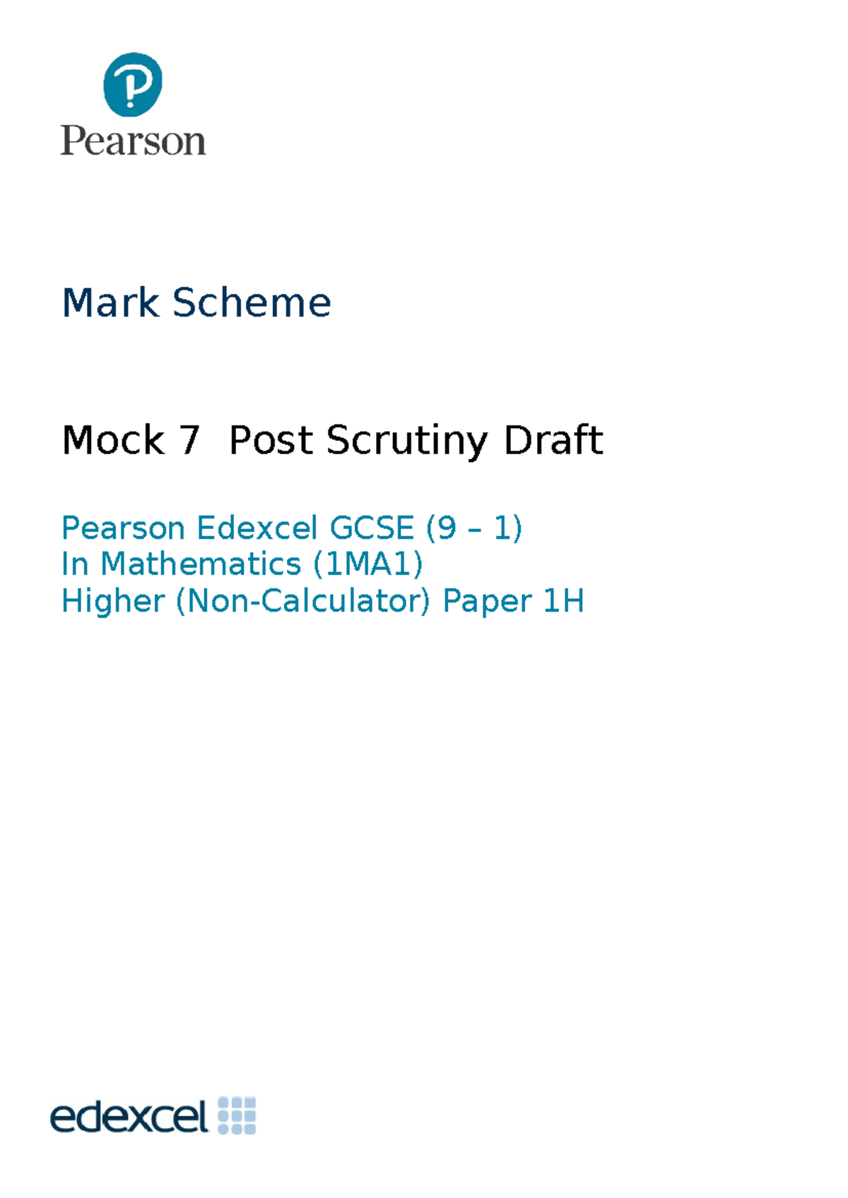 Mark Scheme for Mock Paper 1MA1/1H (GCSE Mathematics) - Studocu