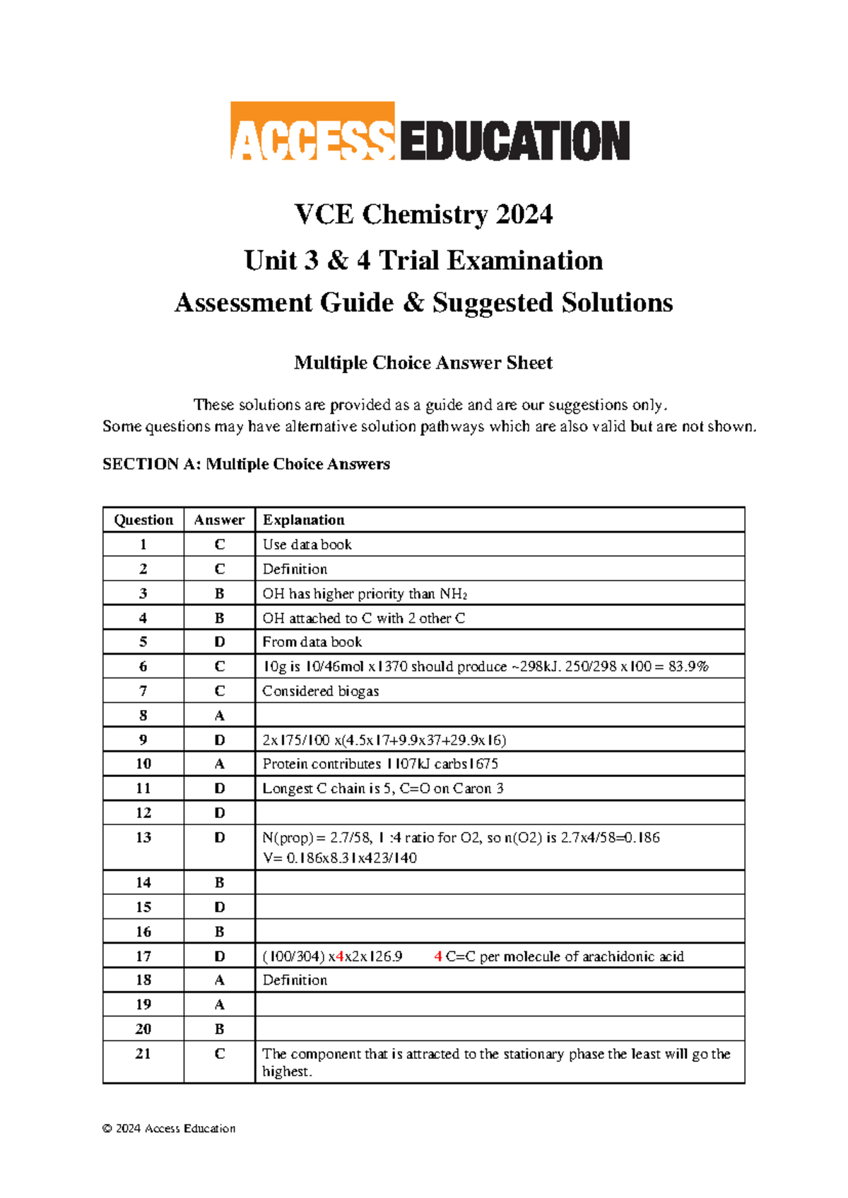 VCE Chemistry 2024 Unit 3 & 4 Trial Exam Suggested Solutions - Studocu