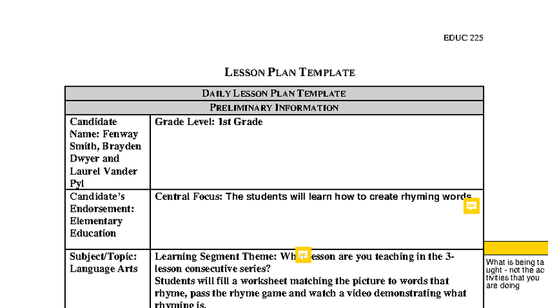 EDUC 225 LESSON PLAN: Rhyming Words for 1st Grade - Studocu