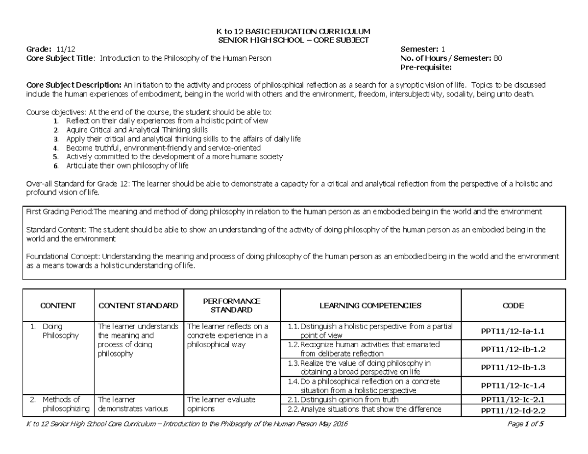 SHS-Core Intro to Philosophy of the Human Person Curriculum Guide - Studocu