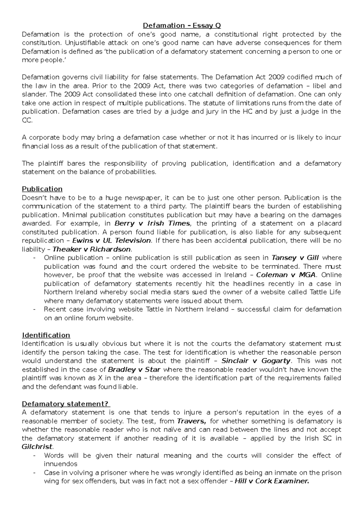 Defamation Law: Key Insights and Case Analysis - Essay Notes - Studocu