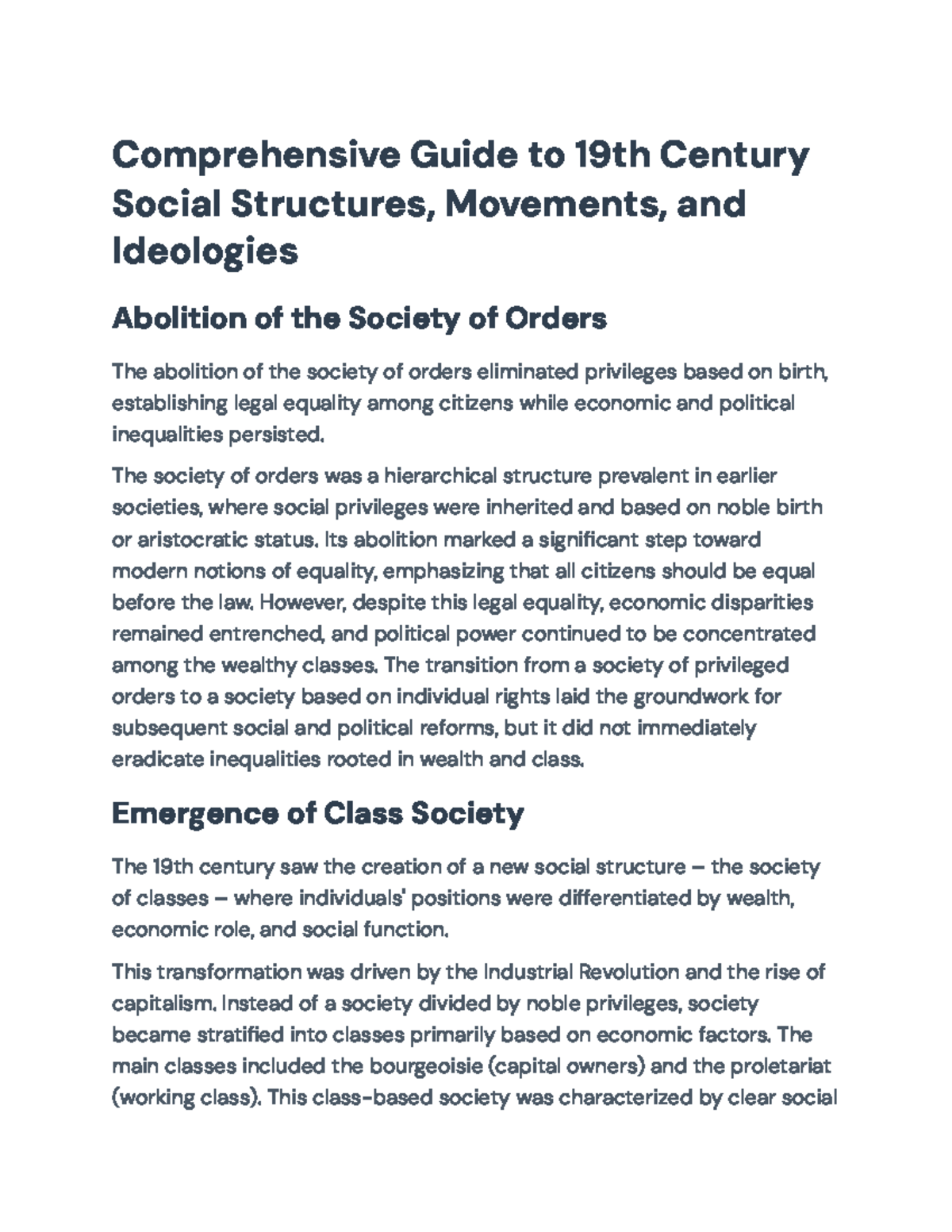 Comprehensive Study of 19th Century Class Structures & Ideologies - Studocu