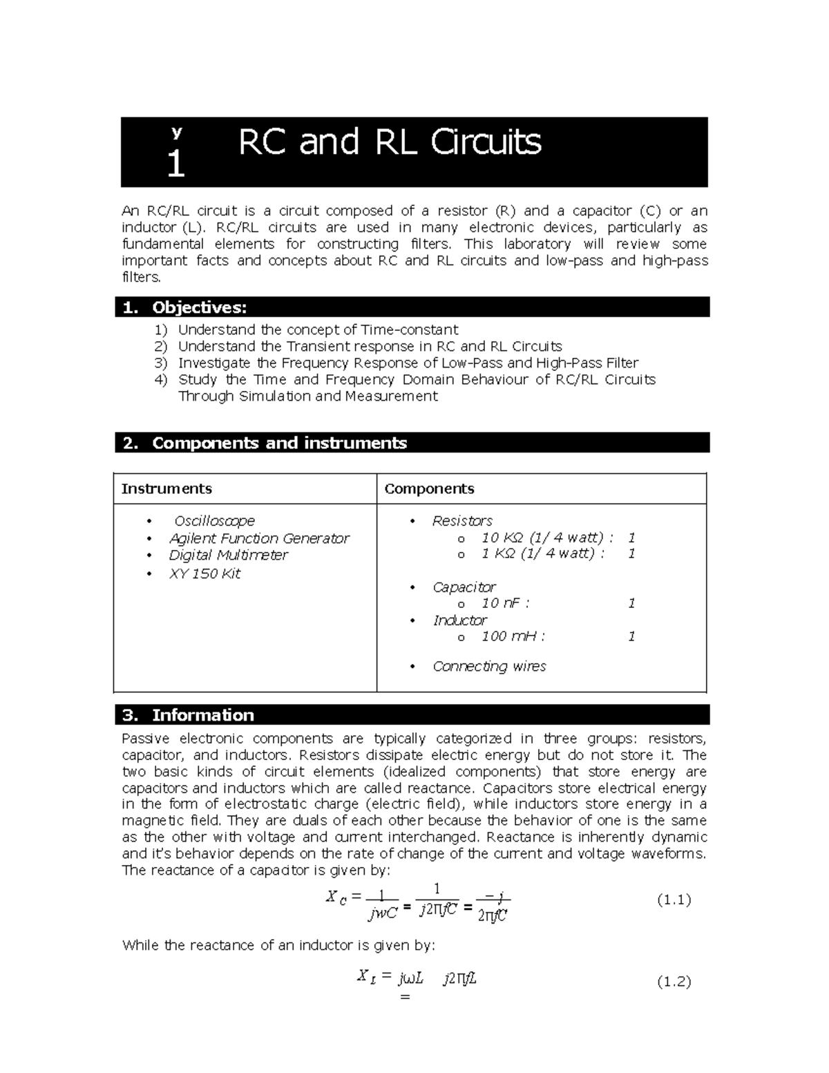 Experiment 1 - Lab 1 - Laborator y 1 RC and RL Circuits An RC/RL ...