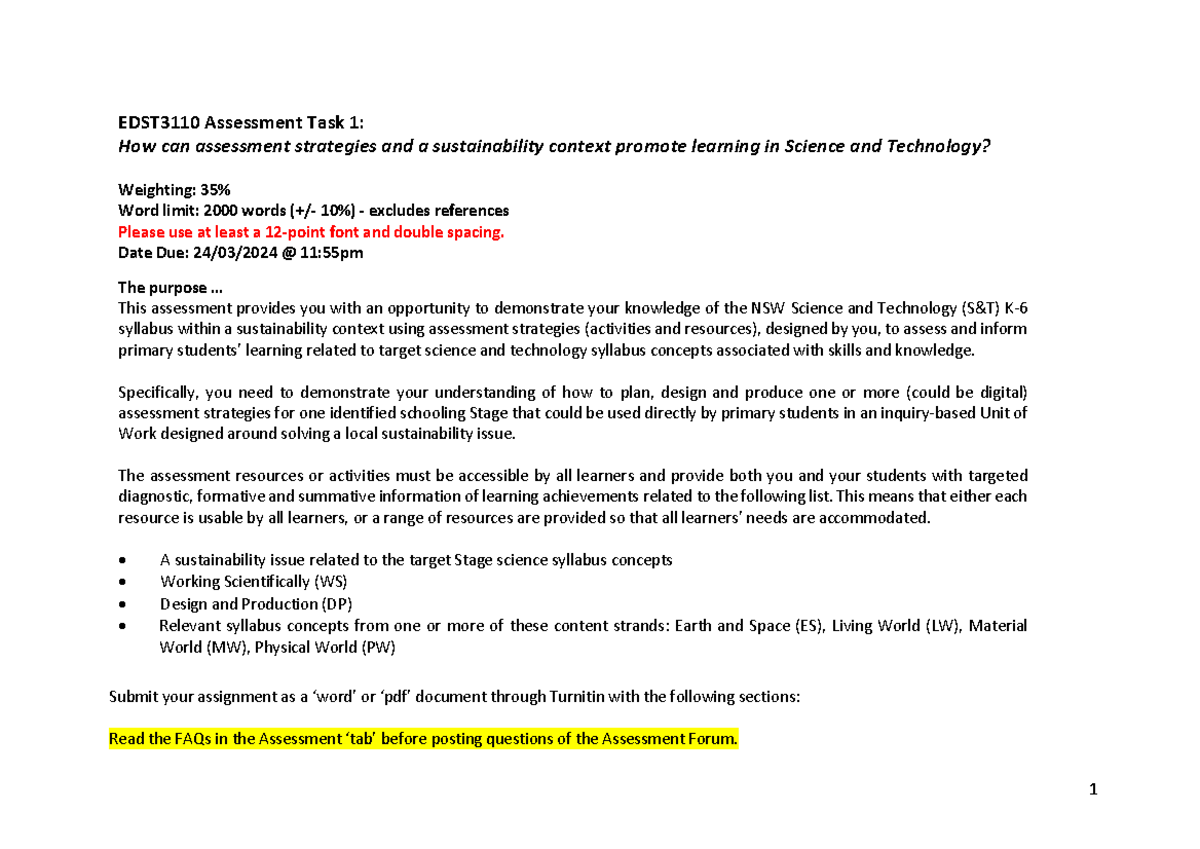 EDST3110 Final Assessment Task 1: Strategies for Learning in S&T - Studocu