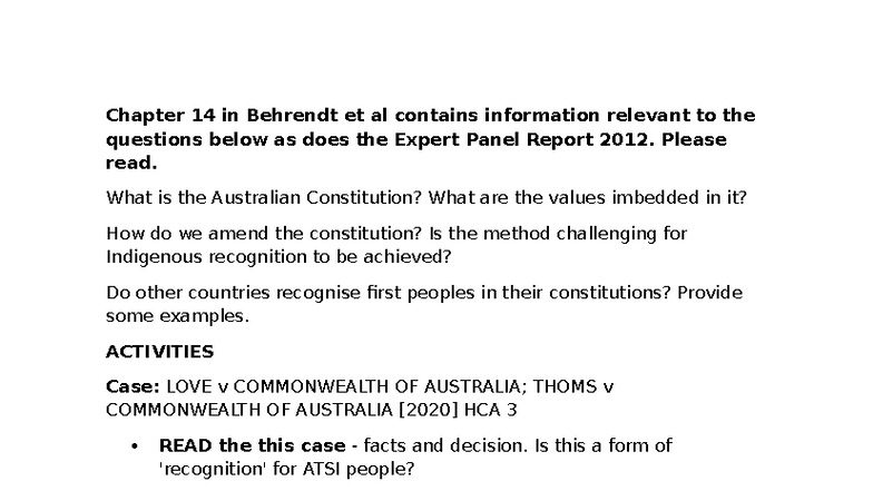 Pre-Class Questions for Session 9: Australian Constitution & Indigenous ...