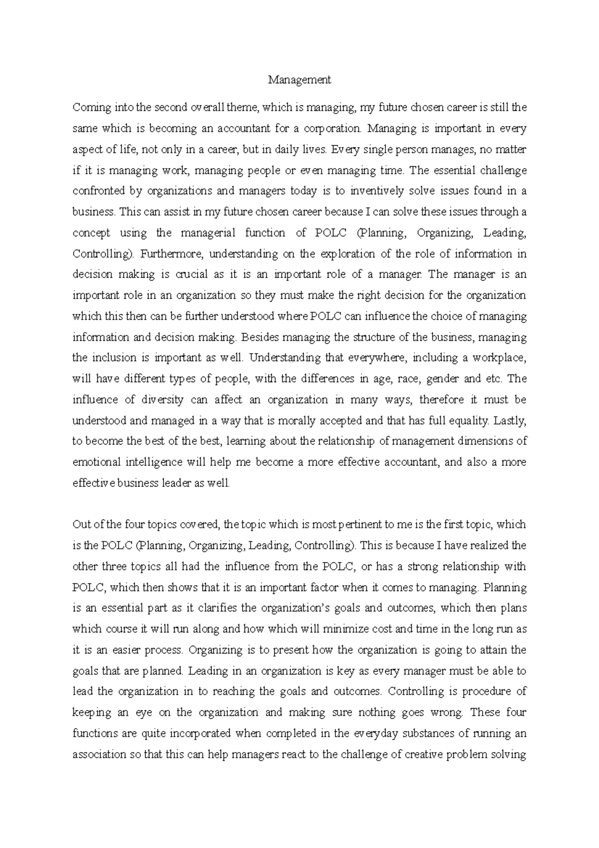 Management Reflection 2 - Management Coming into the second overall ...
