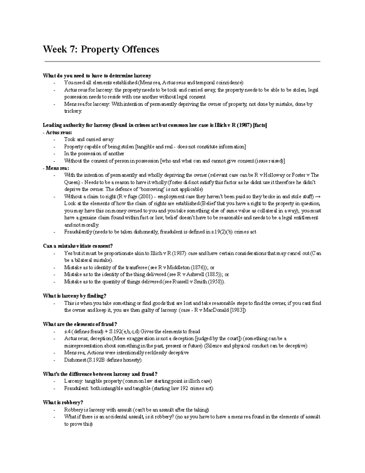 Week 7: Crim Law Notes on Larceny Elements and Case Law - Studocu