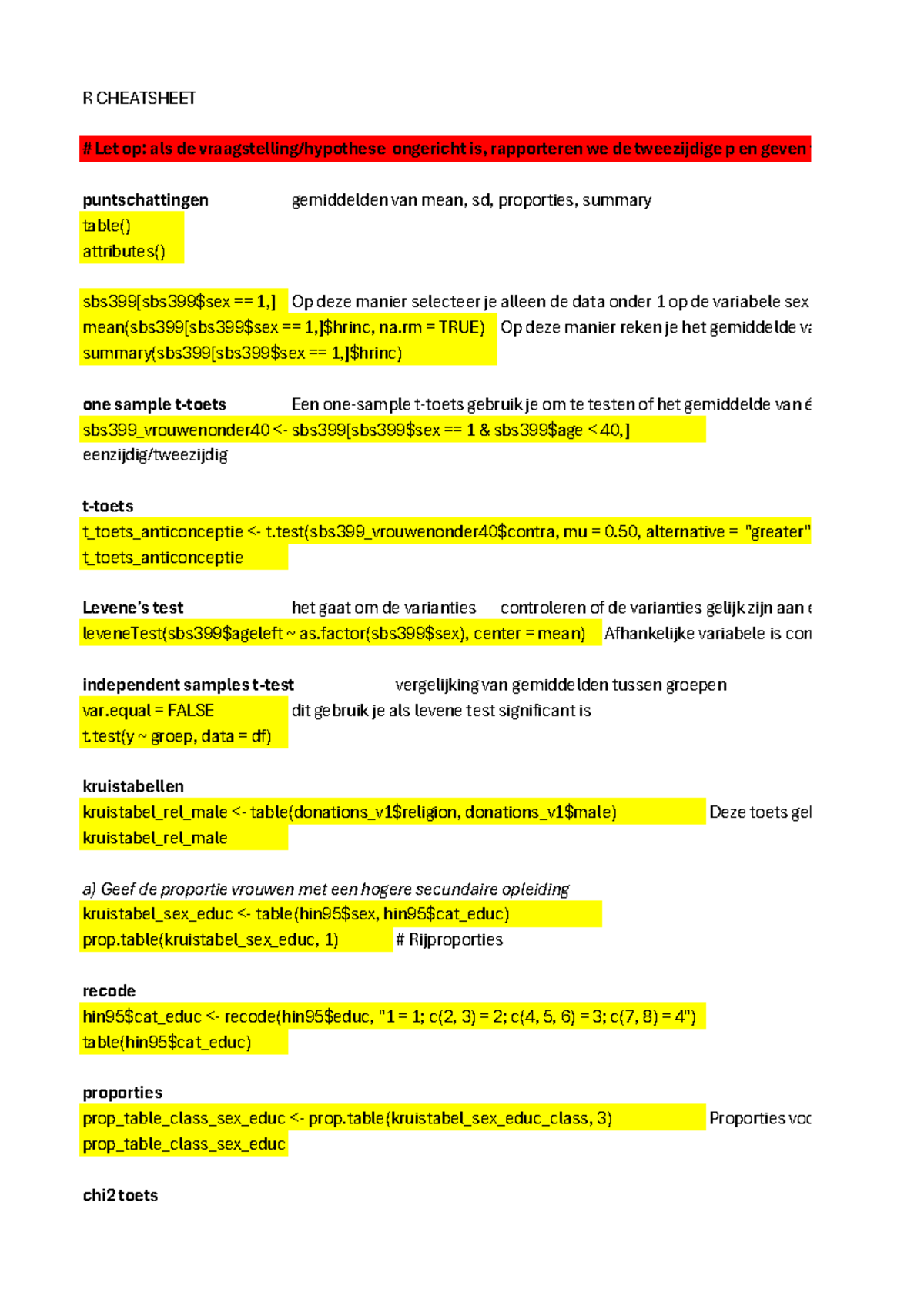 R CHEATSHEET: Codes en Statistische Analyses in R Studio - Studeersnel