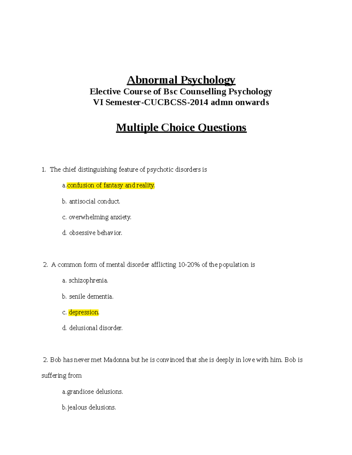 Multiple Choice Questions on Abnormal Psychology - BSc Counseling (VI ...