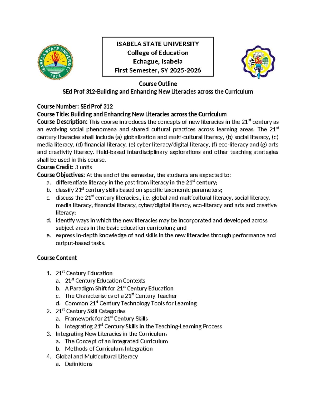 SEd Prof 312 Course Outline: Enhancing New Literacies in Education ...