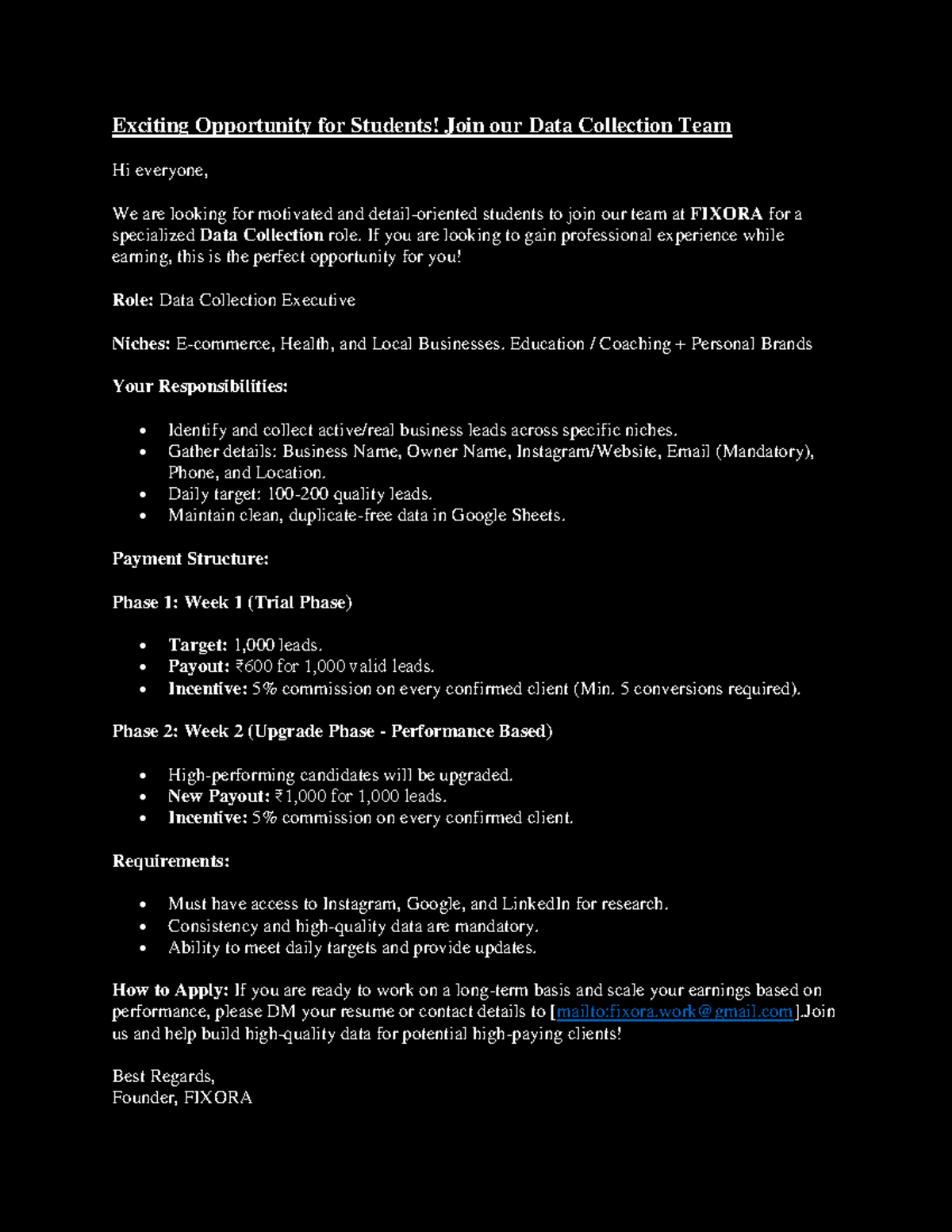 Data Collection Executive Opportunity for Students at FIXORA - Studocu